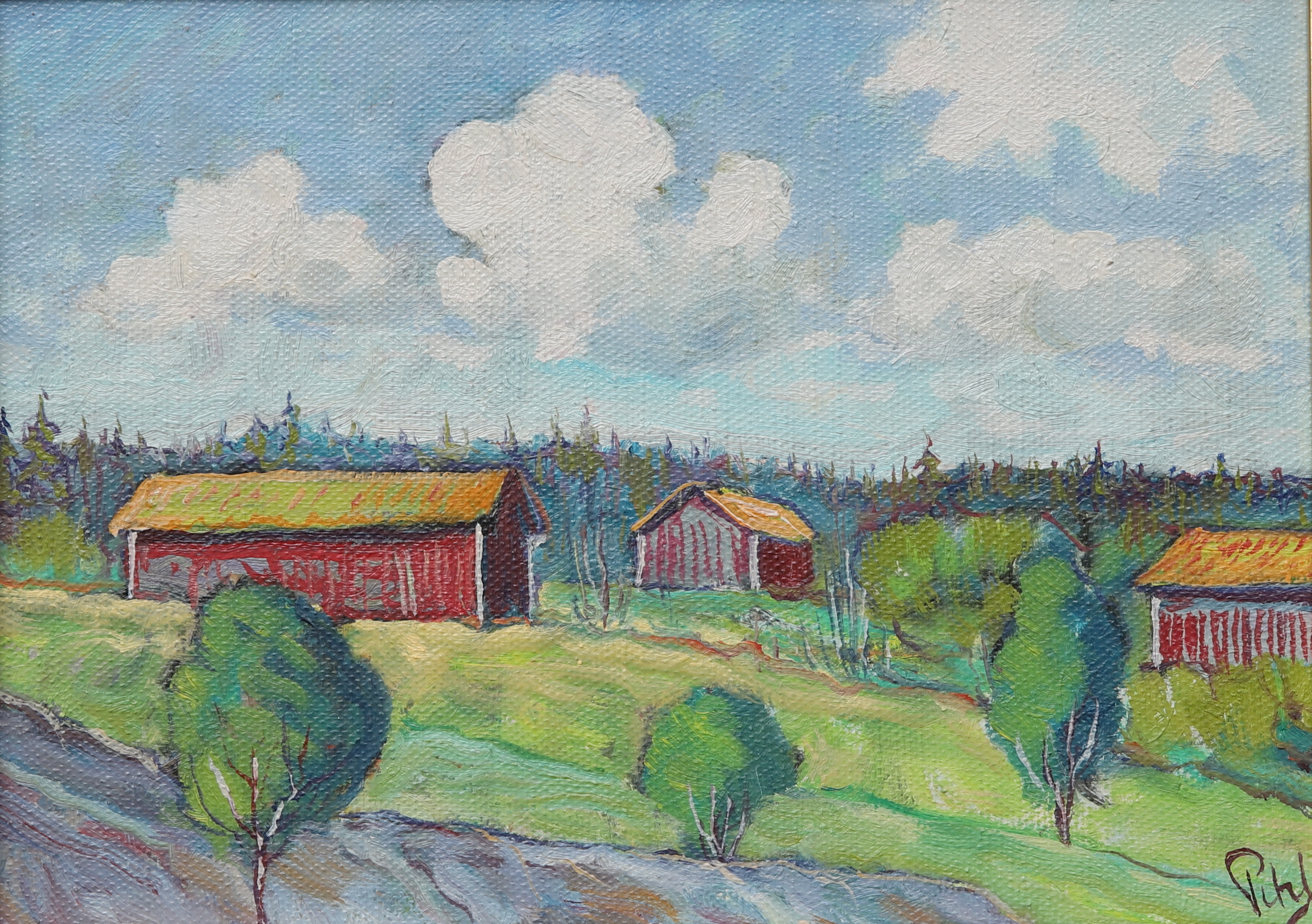 PAUL PIHL. olja på duk, landskap med röda lador, signerad. | Barnebys