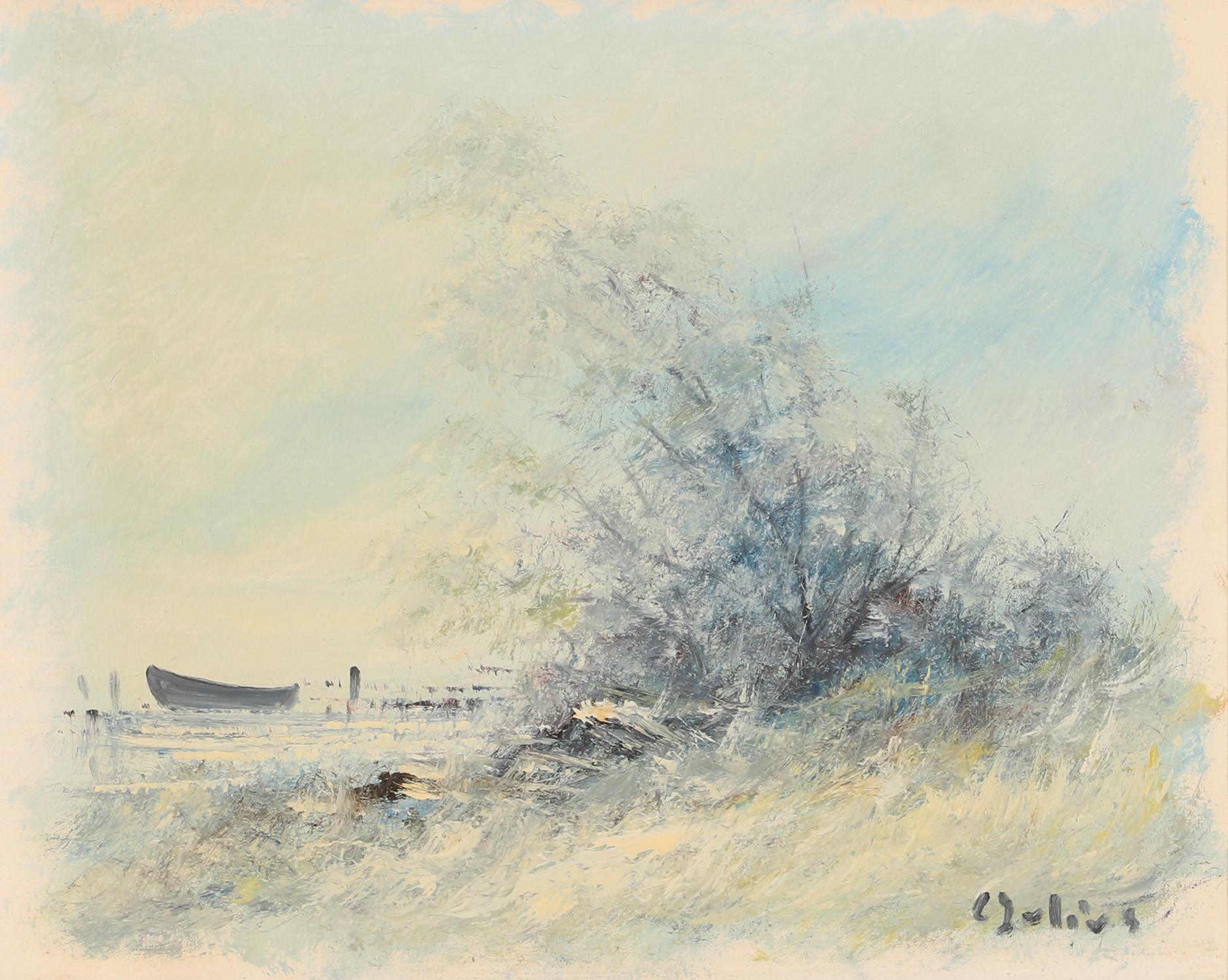 CARL JULIUS. Kustlandskap med båt, olja på duk, signerad C. Julius ...