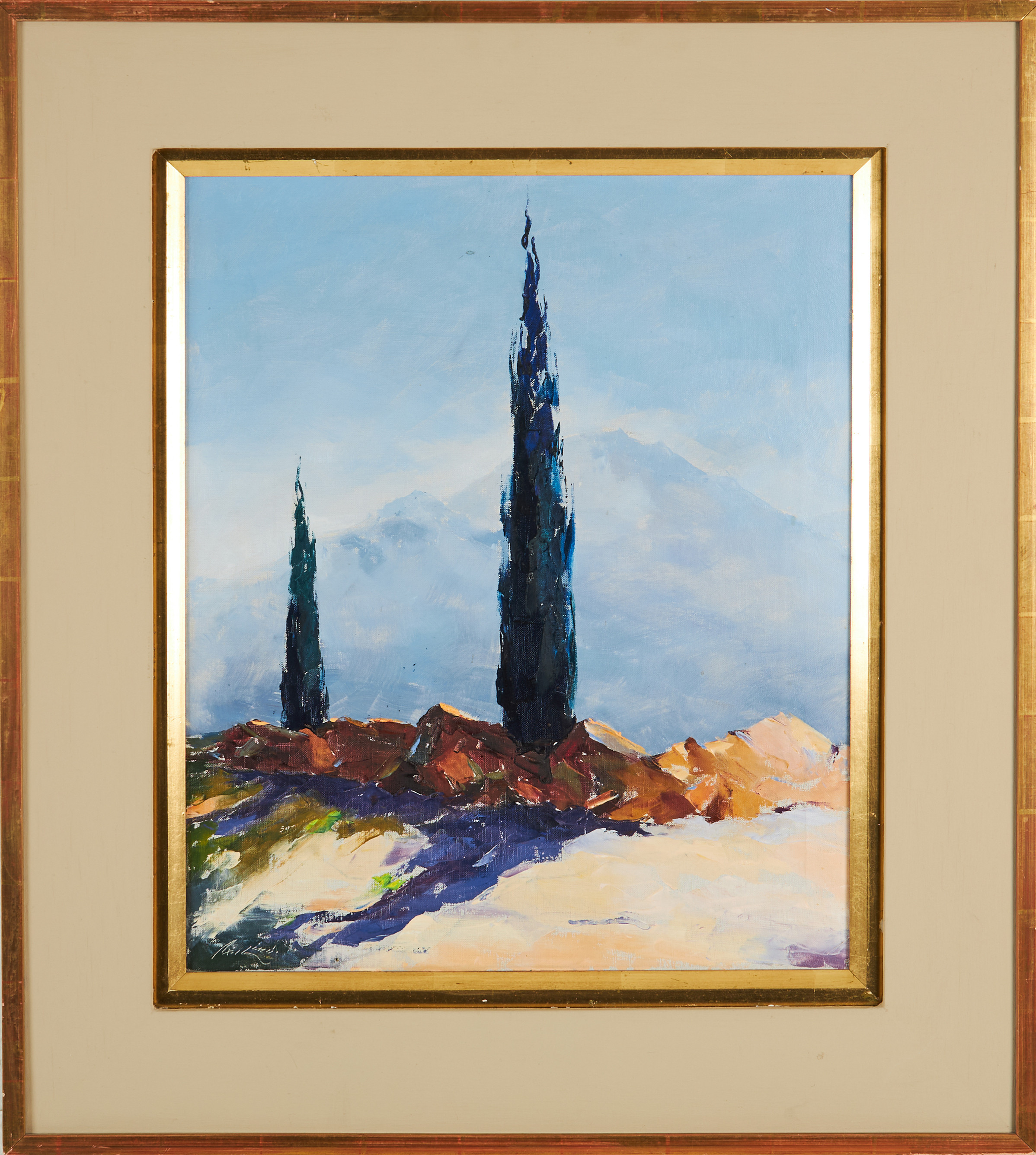 AXEL LIND. Landskap med cypresser, olja på duk, signerad. Konst ...