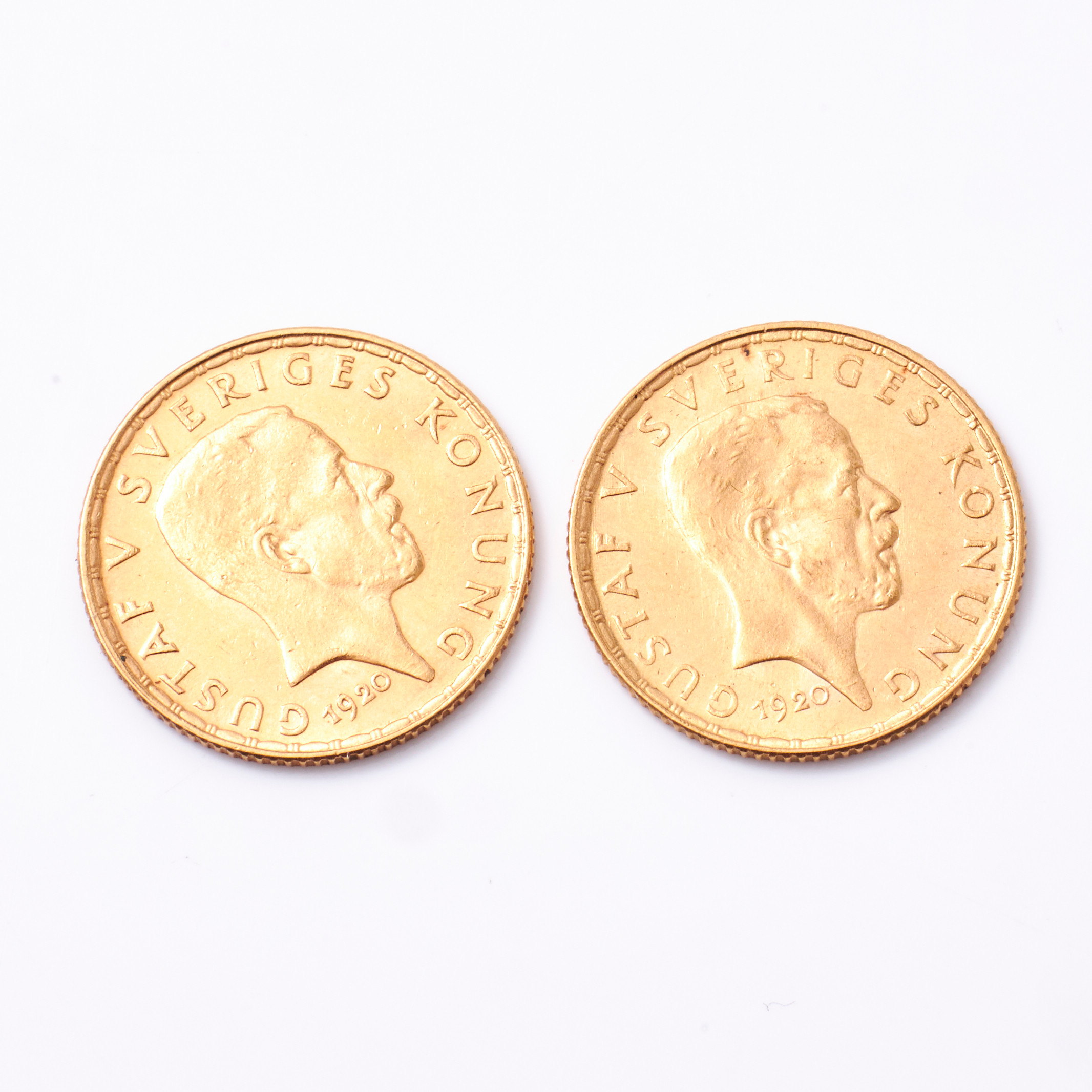 MYNT, 2 st., 21,6 k guld, 5 kr, Gustaf V, Sveriges konung, 1920. Mynt ...