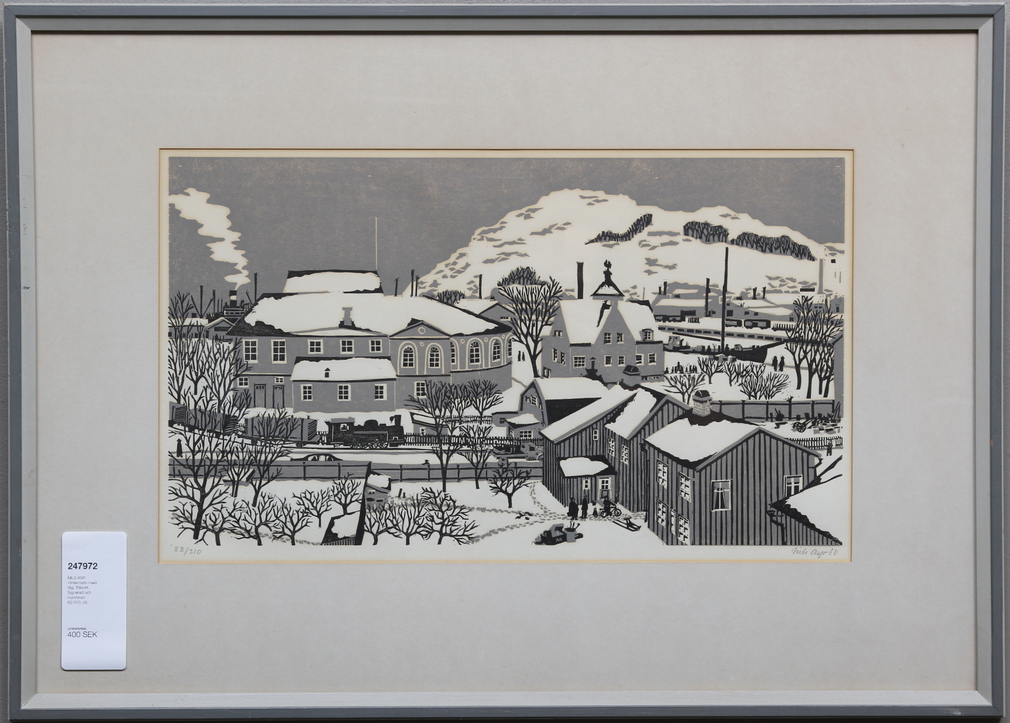 Bilder för 247972. NILS ASP. Vintermotiv med tåg. Träsnitt. Signerad ...