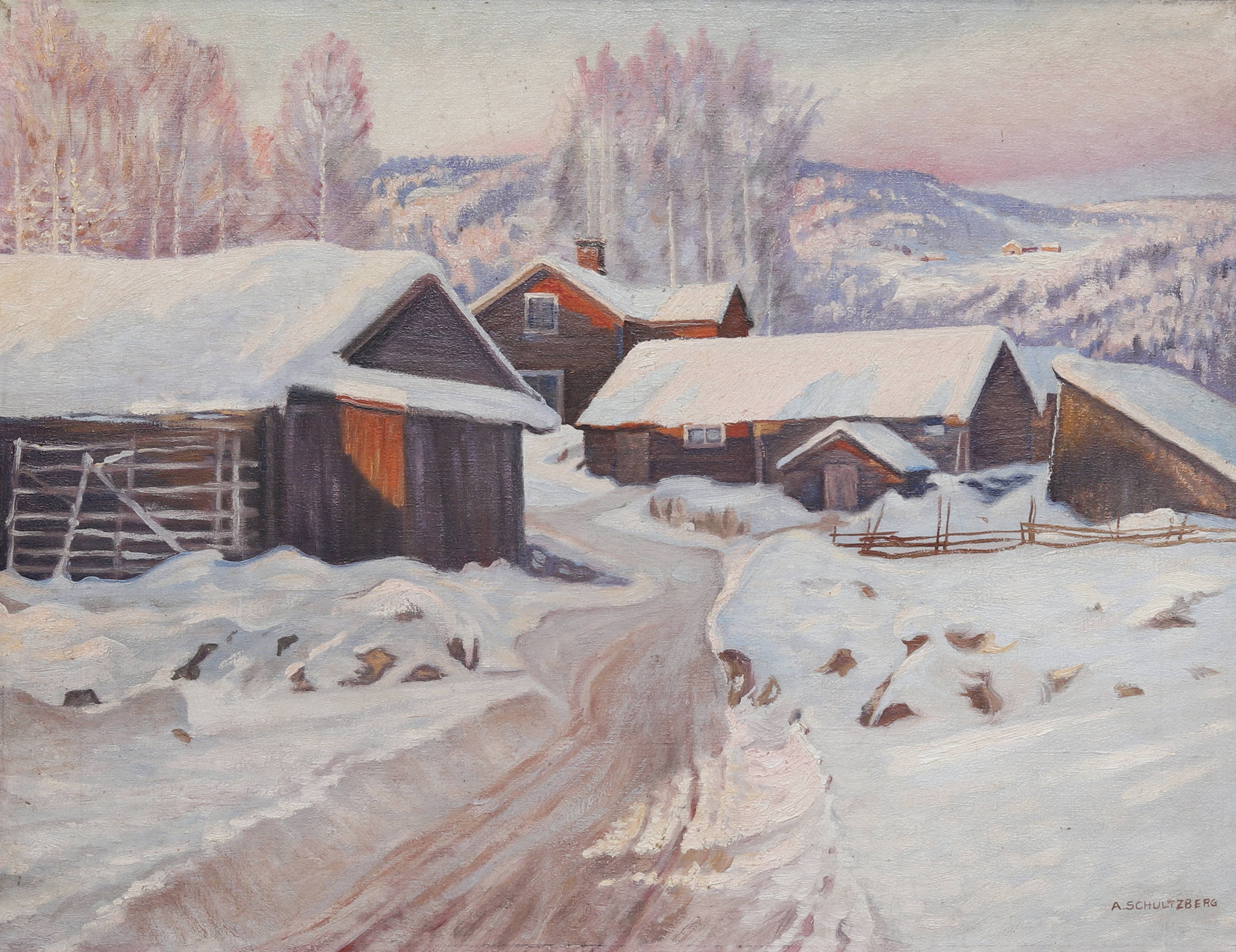 Bilder för 2495286. ANSHELM SCHULTZBERG. Vinterlandskap med byggnader ...