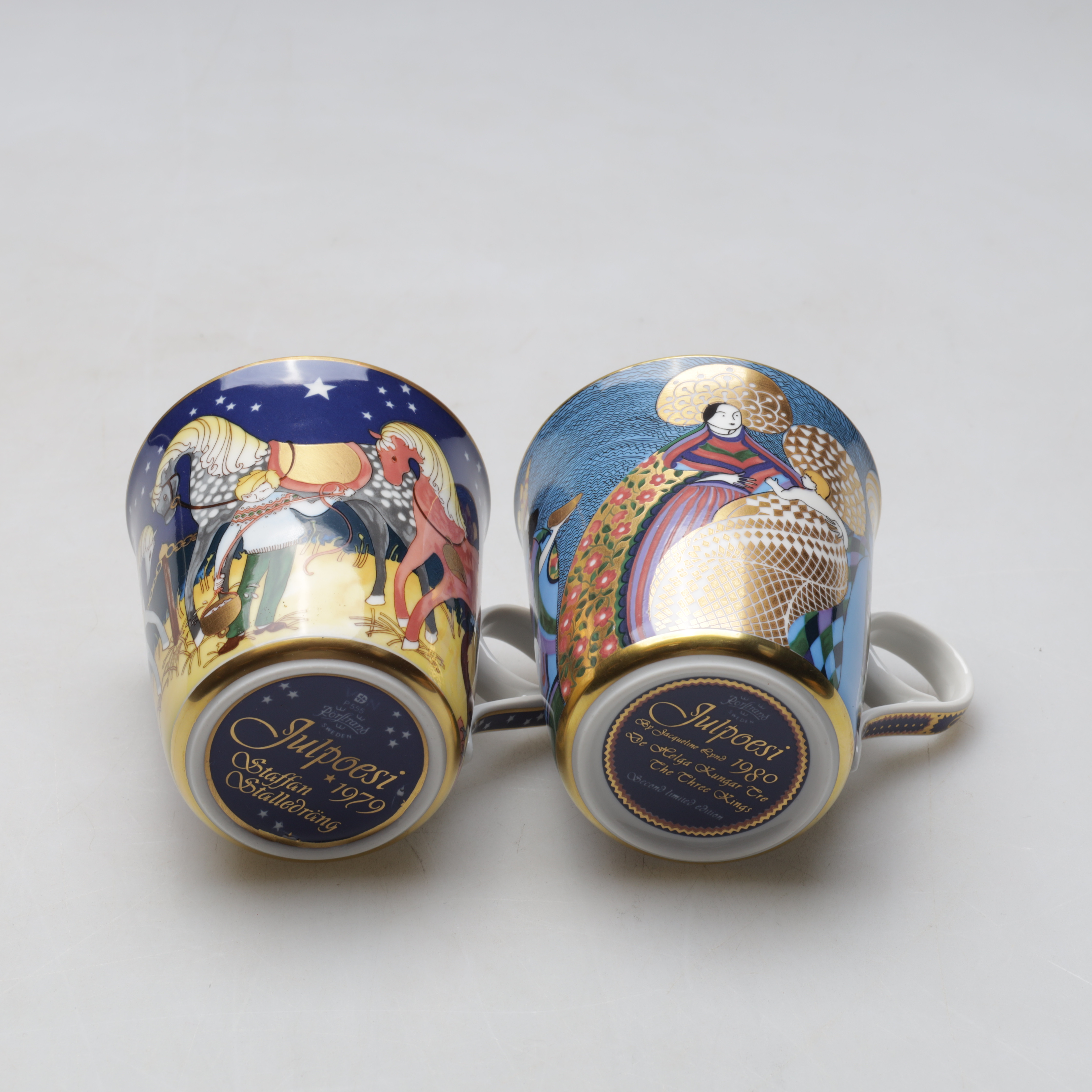 JACQUELINE LYND. muggar, 2 st, porslin, "Julpoesi", Rörstrand, 1979/ ...