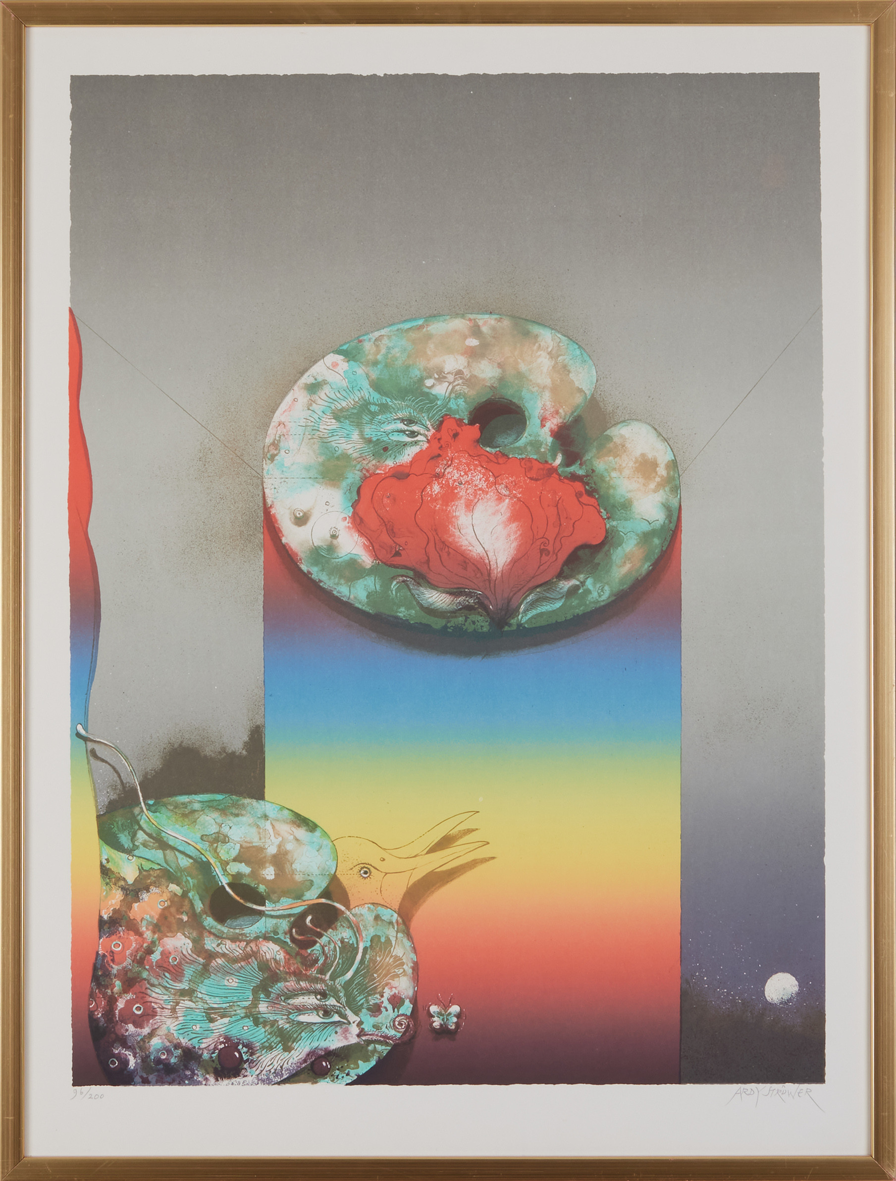 ARDY STRÜWER. Komposition med palett och fåglar, färglitografi ...