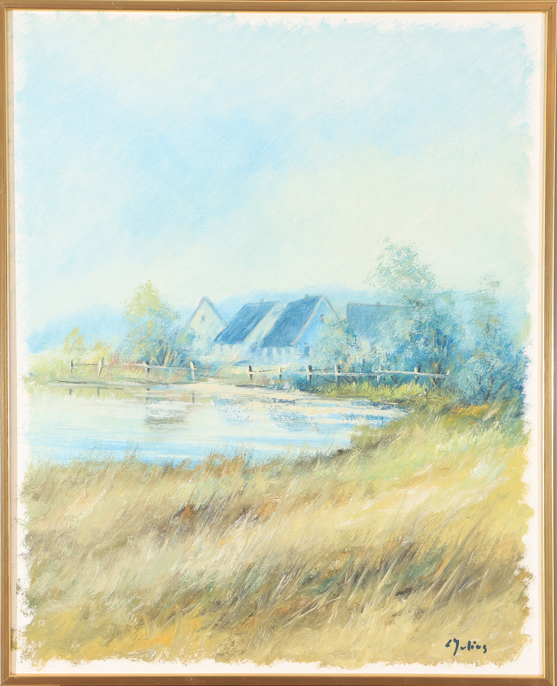 CARL JULIUS. Kustparti med hus, olja på duk, signerad C. Julius. Konst ...