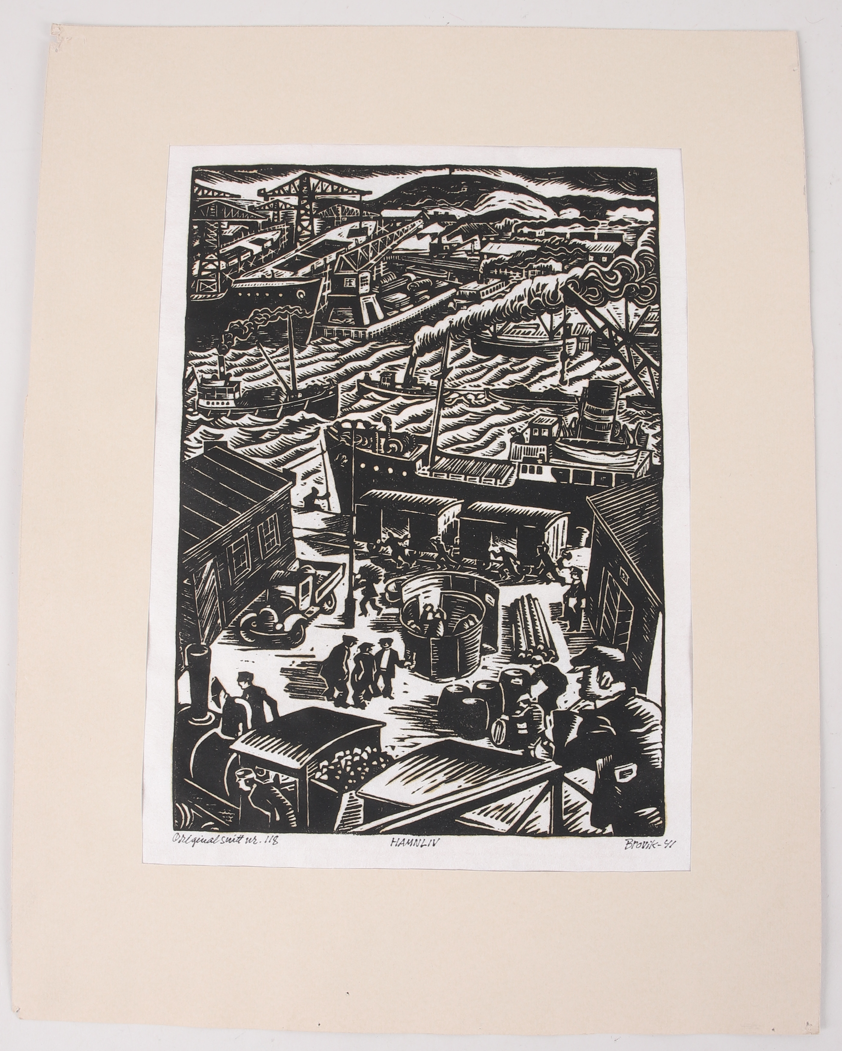 Bilder för 2838568. ÅKE BROVIK. Originalsnitt, "Hamnliv", signerad ...