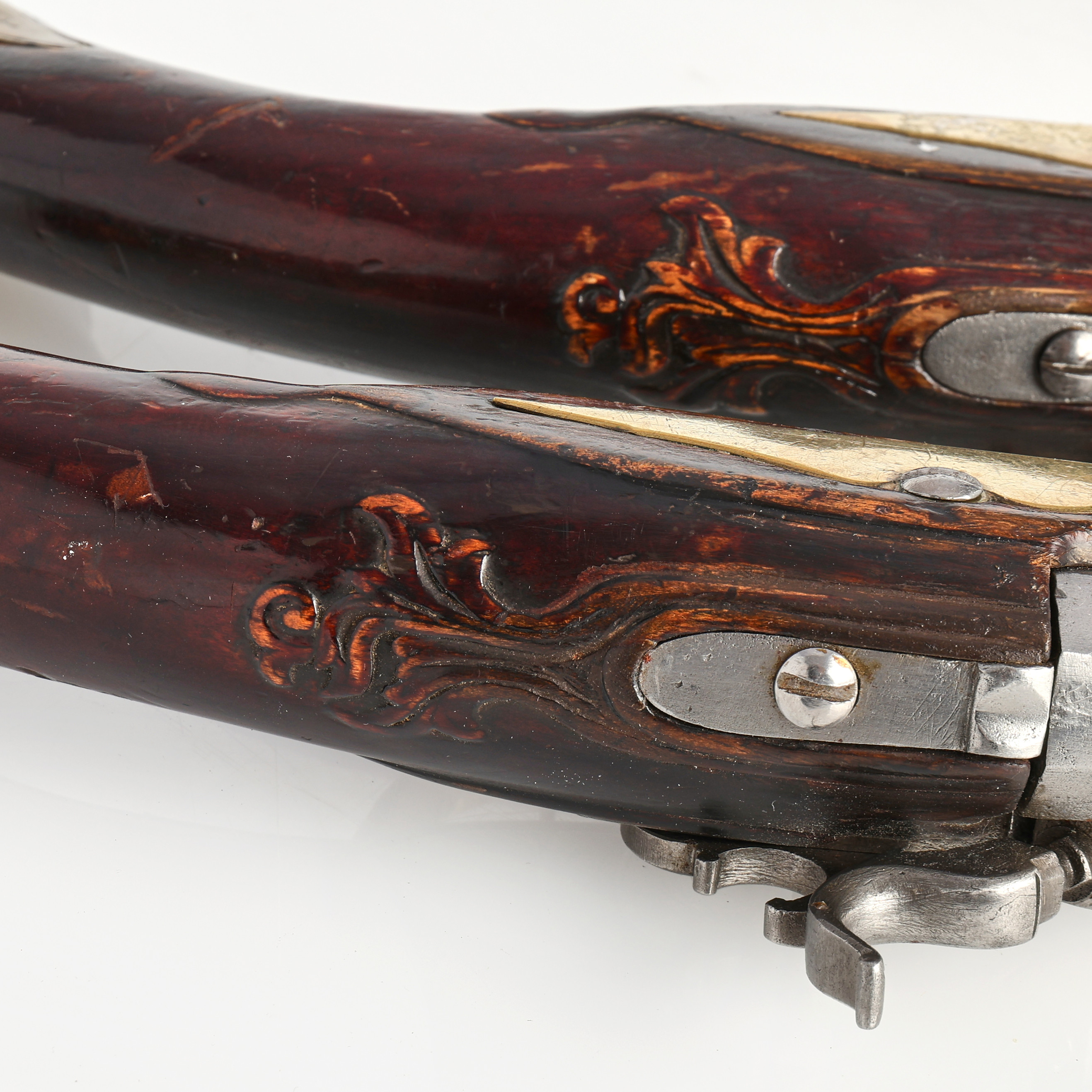 PISTOLS, 1 pair, flintlocks, ca 1780, converted into impact locks ...
