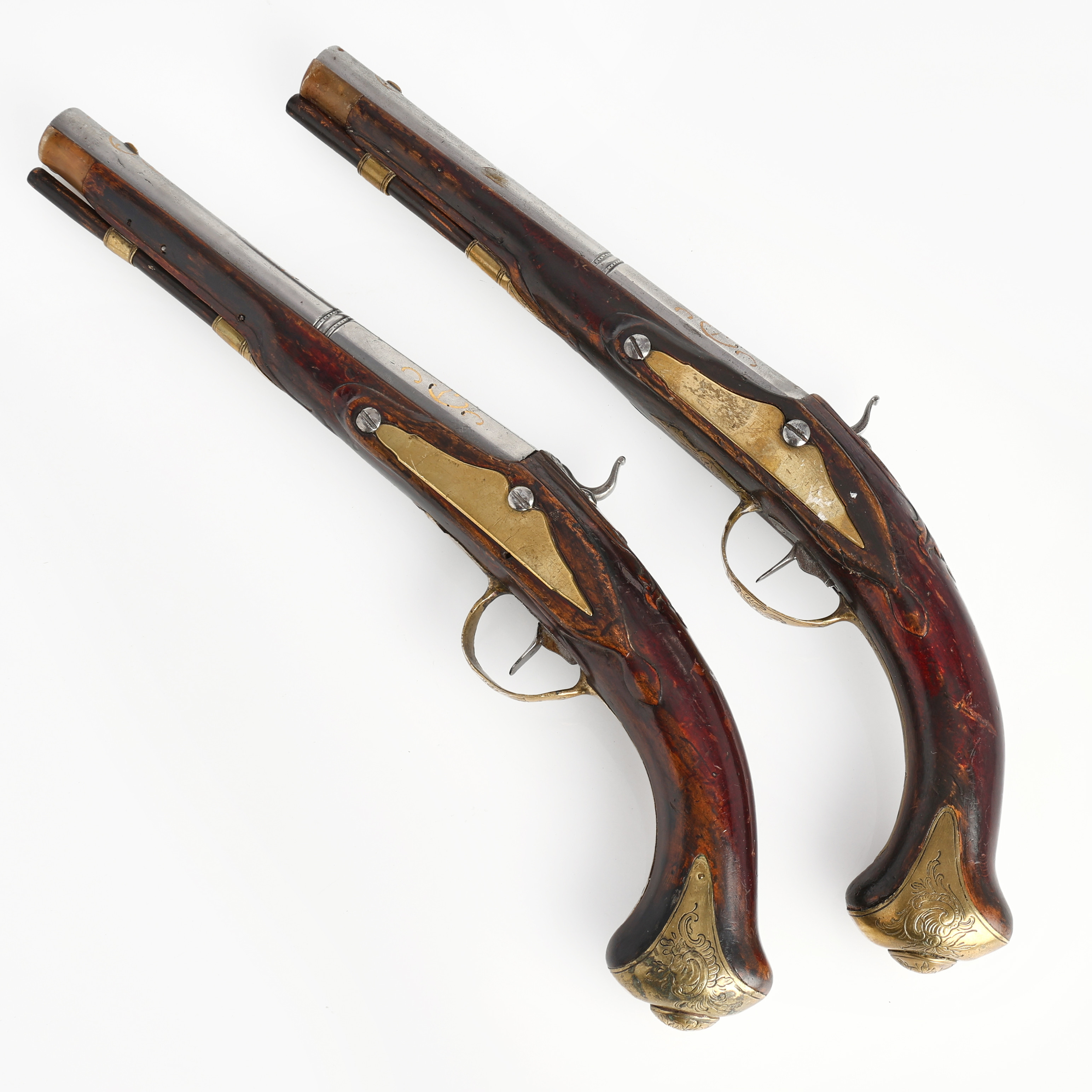 PISTOLS, 1 pair, flintlocks, ca 1780, converted into impact locks ...