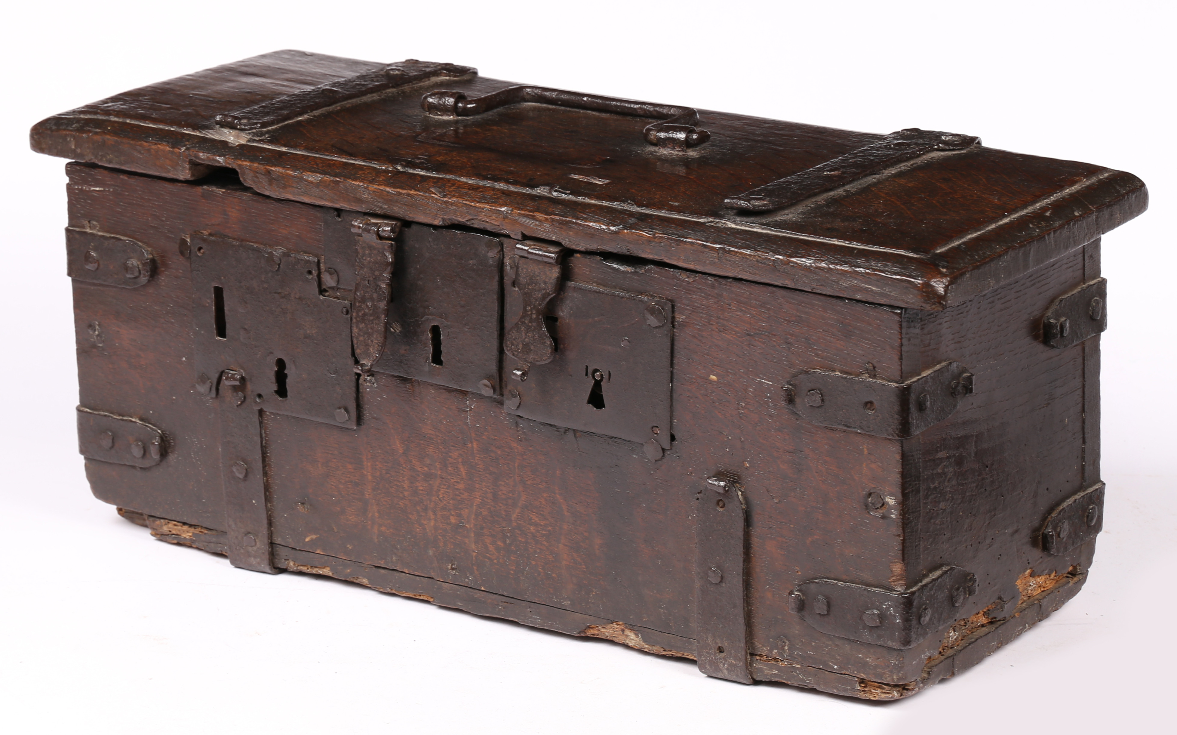 A WONDERFUL HENRY VII/VIII BOARDED OAK AND IRON-BOUND CHALICE BOX ...