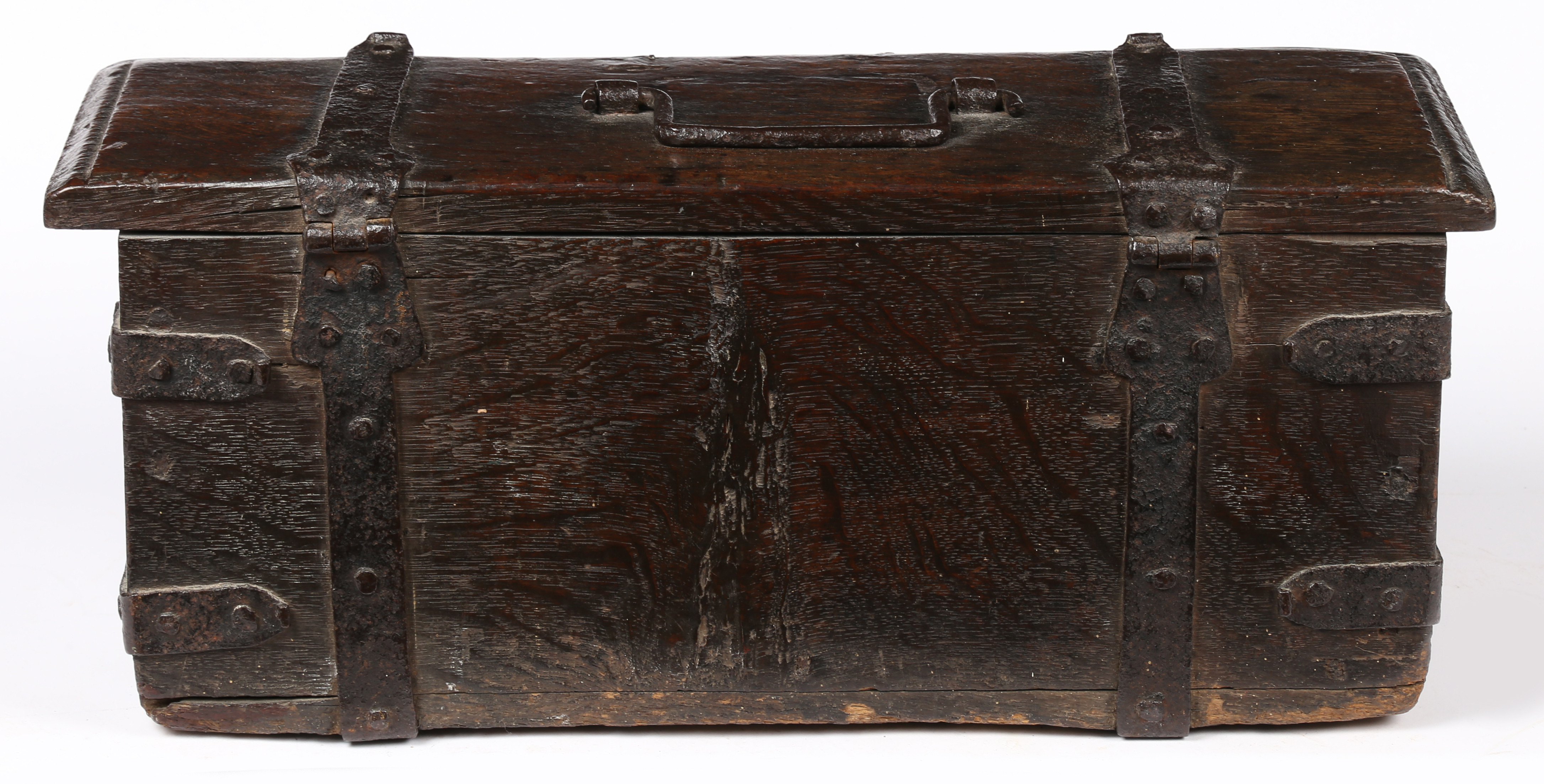 A WONDERFUL HENRY VII/VIII BOARDED OAK AND IRON-BOUND CHALICE BOX ...