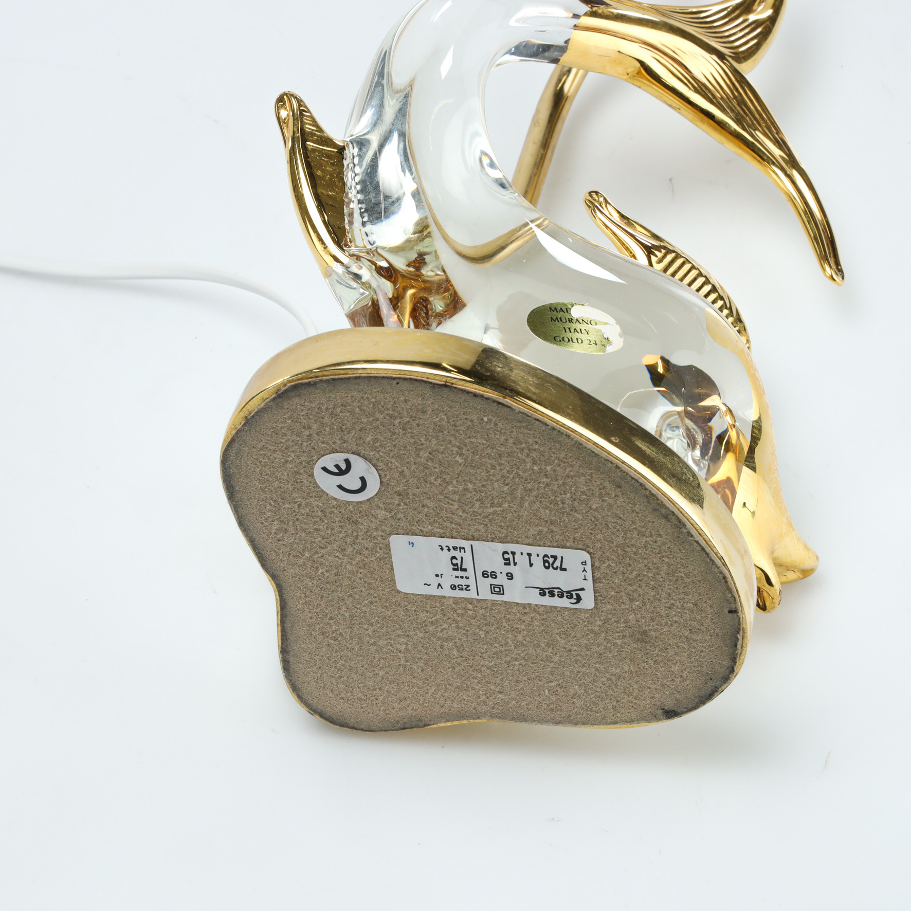 BORDSLAMPA, Muranoglas i form av fisk med förgyllda detaljer i 24k guld ...