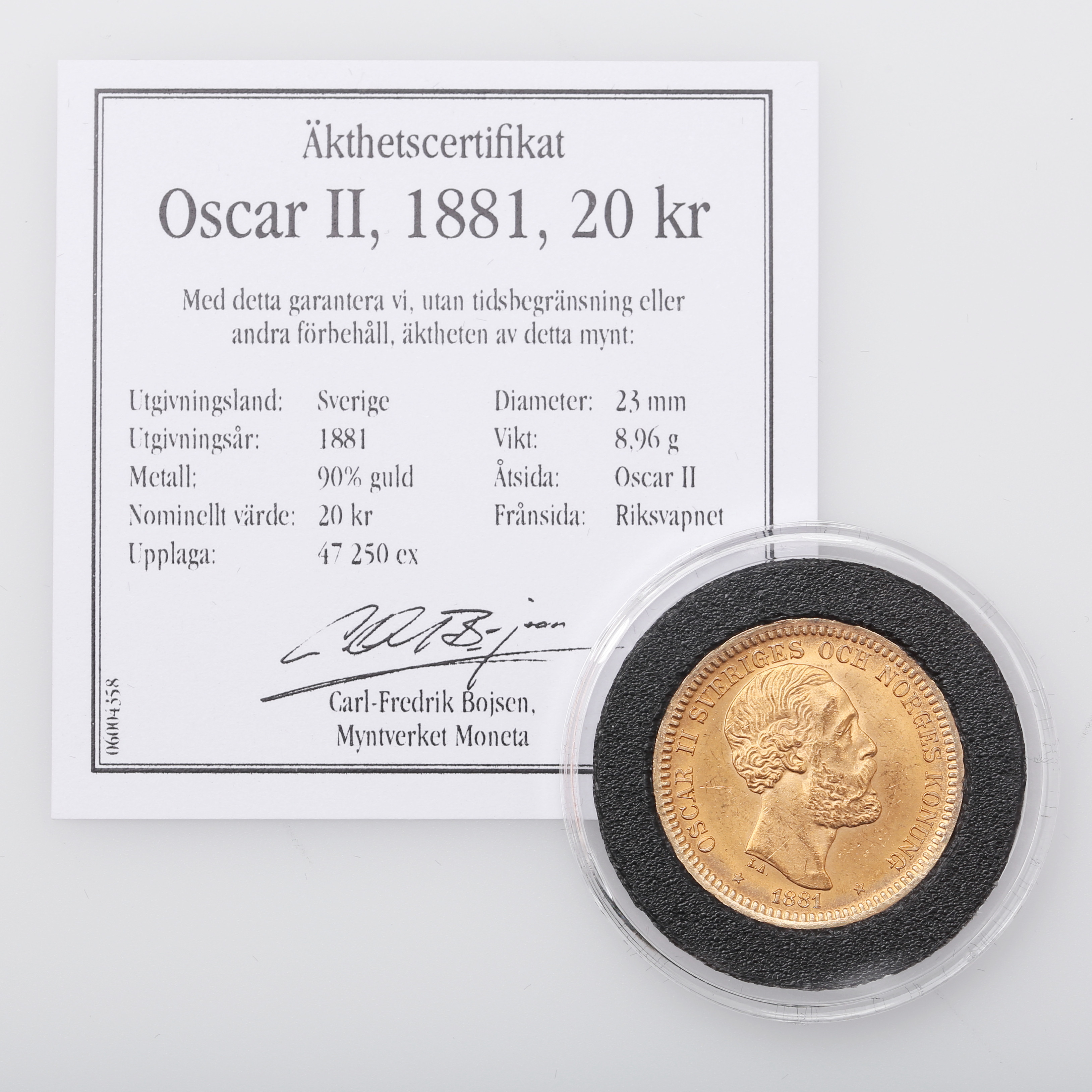 GULDMYNT, 20 kronor, 8,96 gram, guldhalt 900/1000, Sverige/Norge, 1881 ...