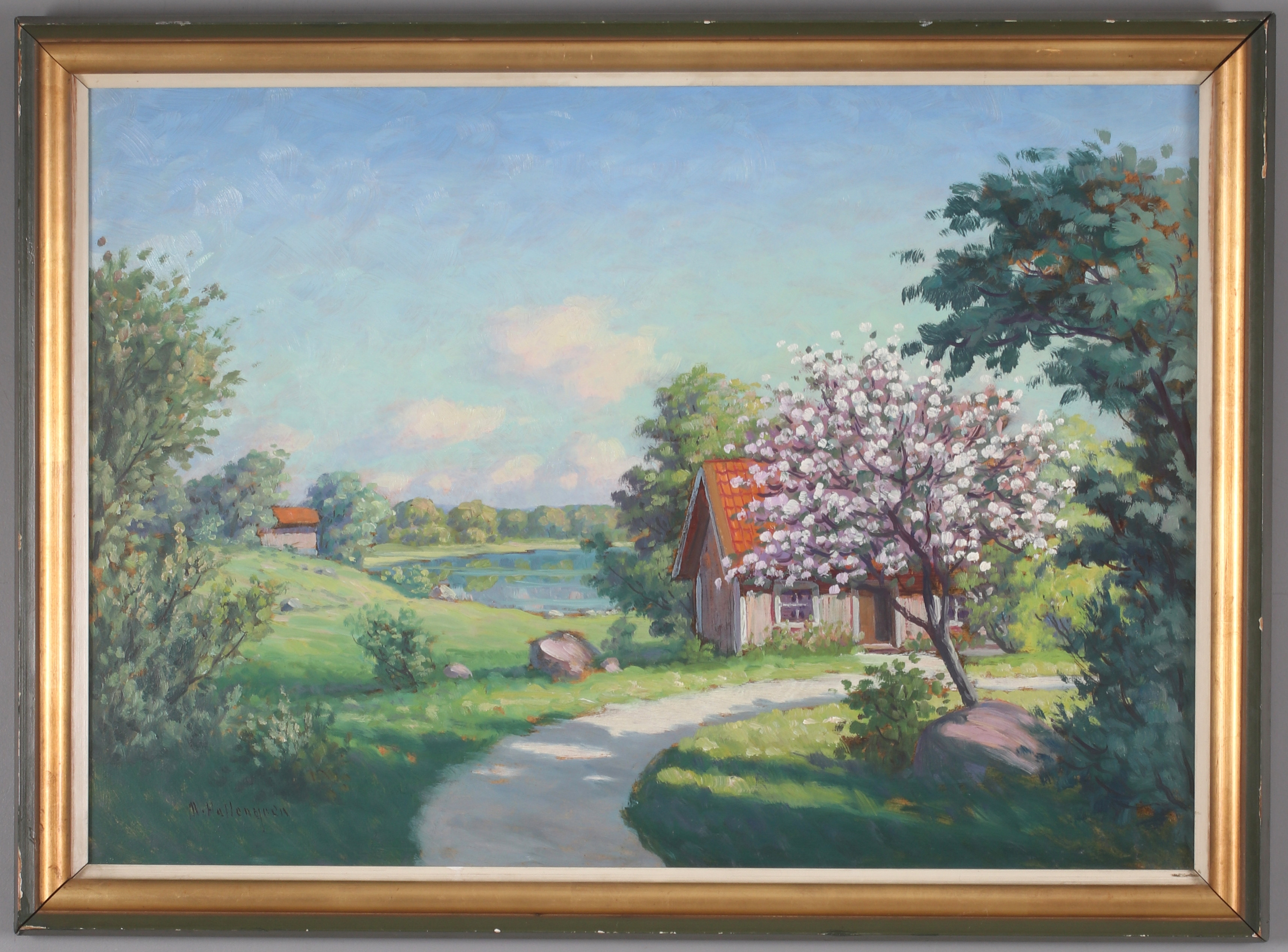 AUGUST EMANUEL "MANNE" HALLENGREN. Sommarlandskap med hus, olja på ...