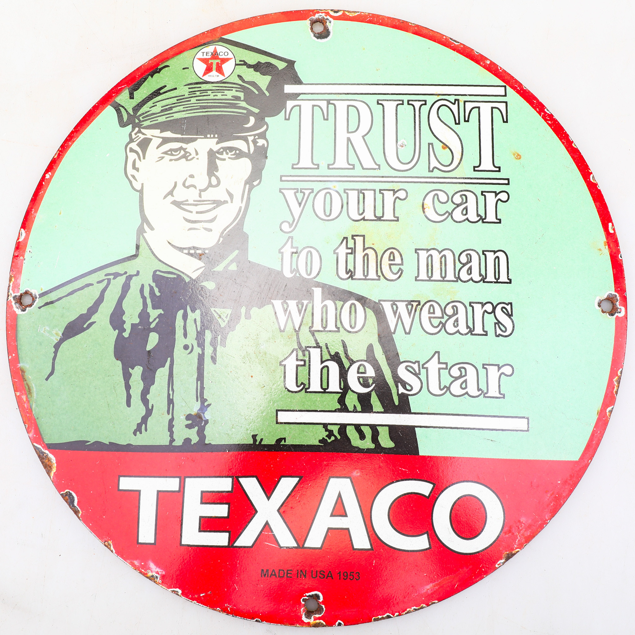 Bilder för 3791583. EMALJSKYLT, Texaco,"TRUST your car to the man who ...