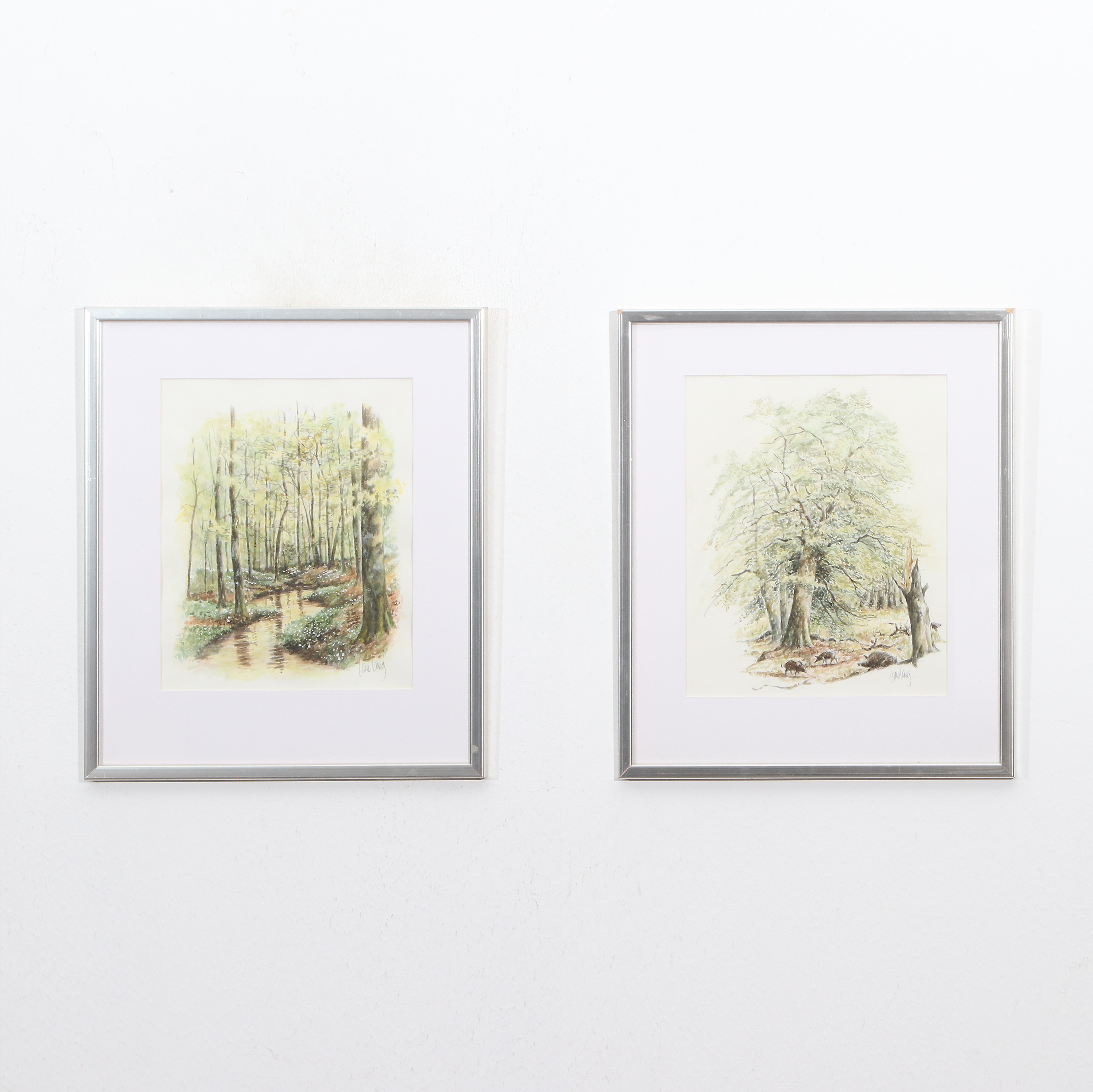 JAN LANG. Akvareller, två st. Signerade. Motiv med skog och vattendrag ...