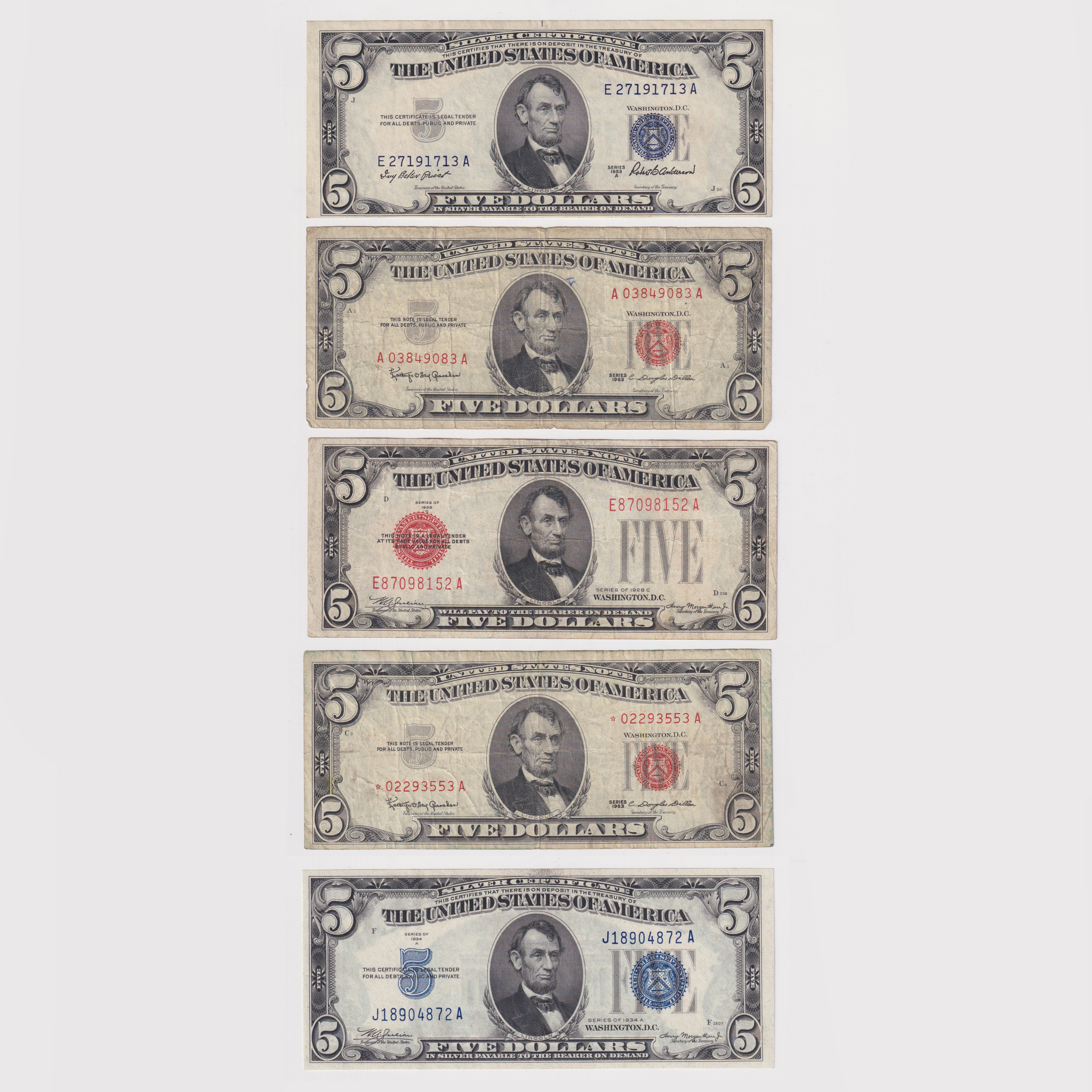 Images for 4411417. FIVE $5 BANK NOTES USA (5). - Auctionet