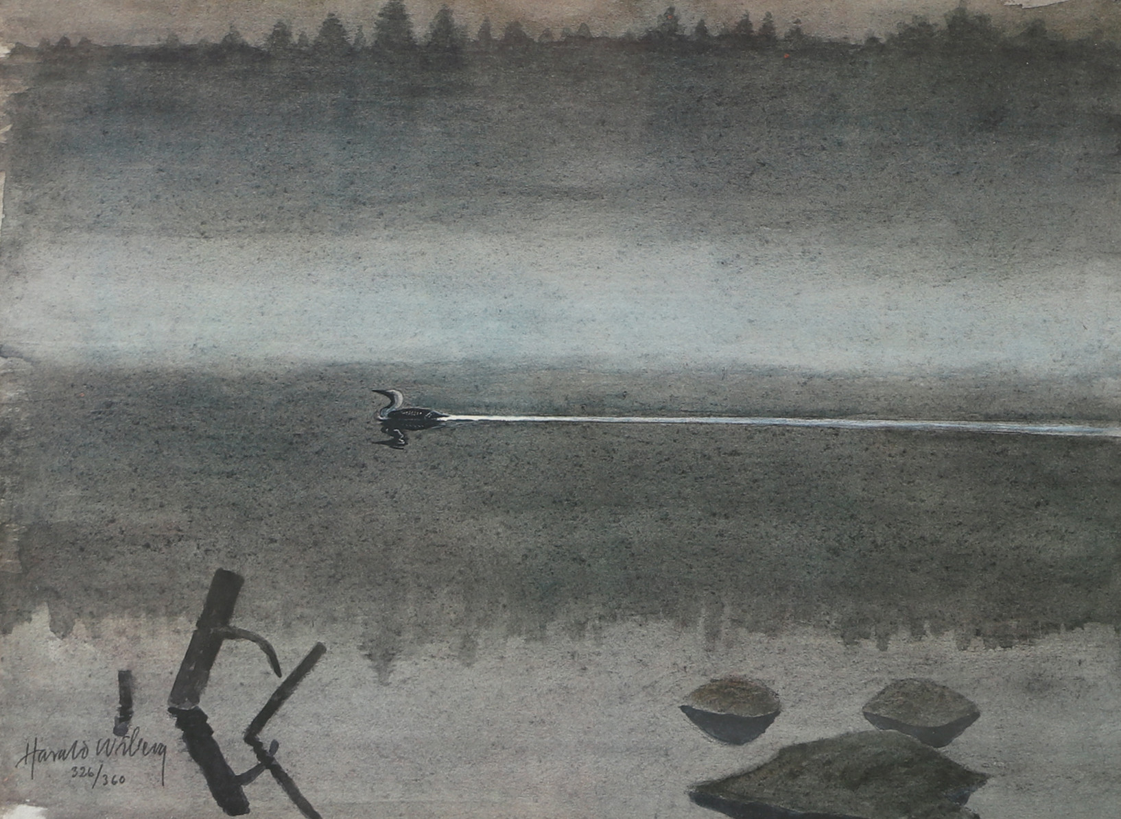 HARALD WIBERG. Sea landscape with bird, lithograph in colours, signed ...