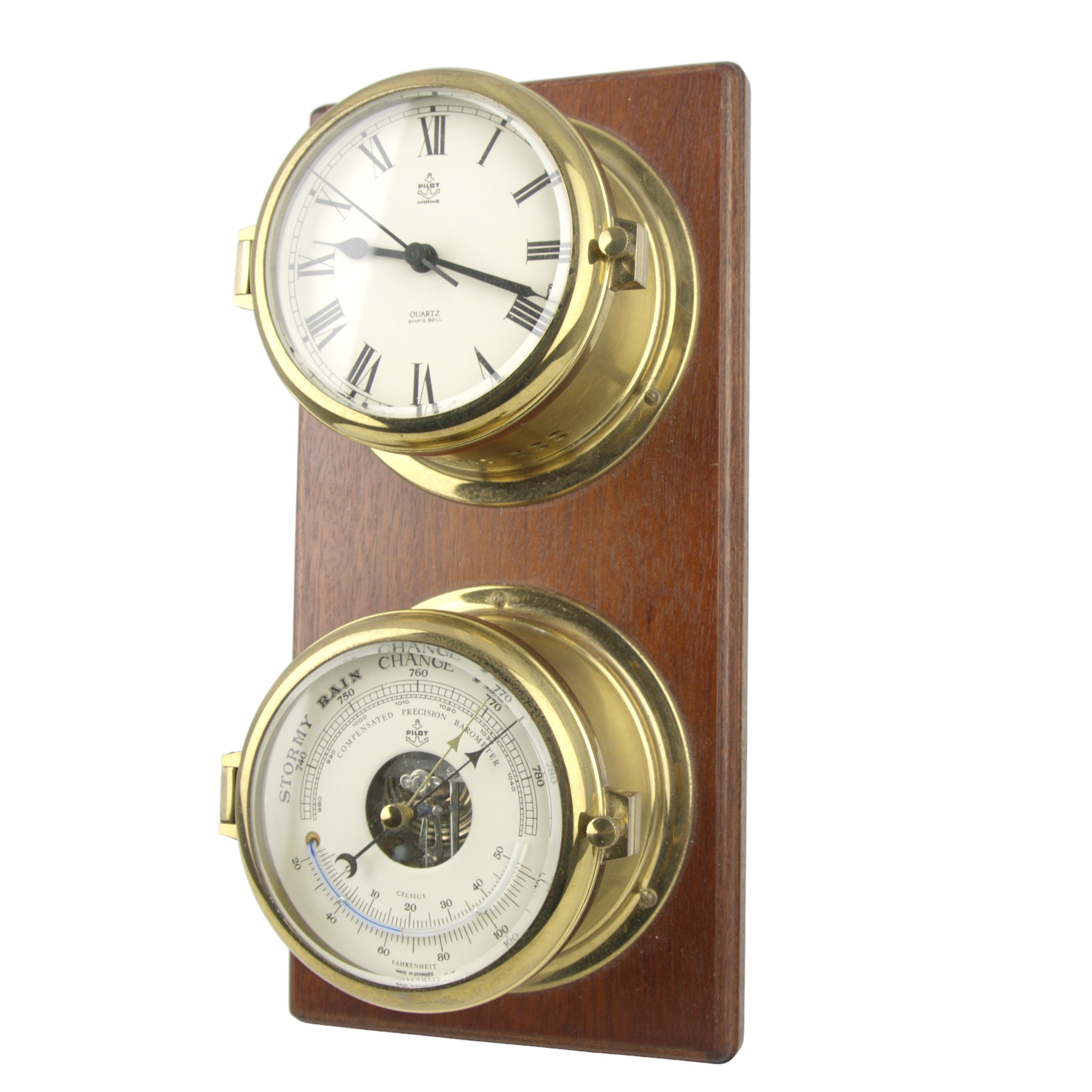 Images for 4556299. A brass clock and barometer, mounted on wooden ...