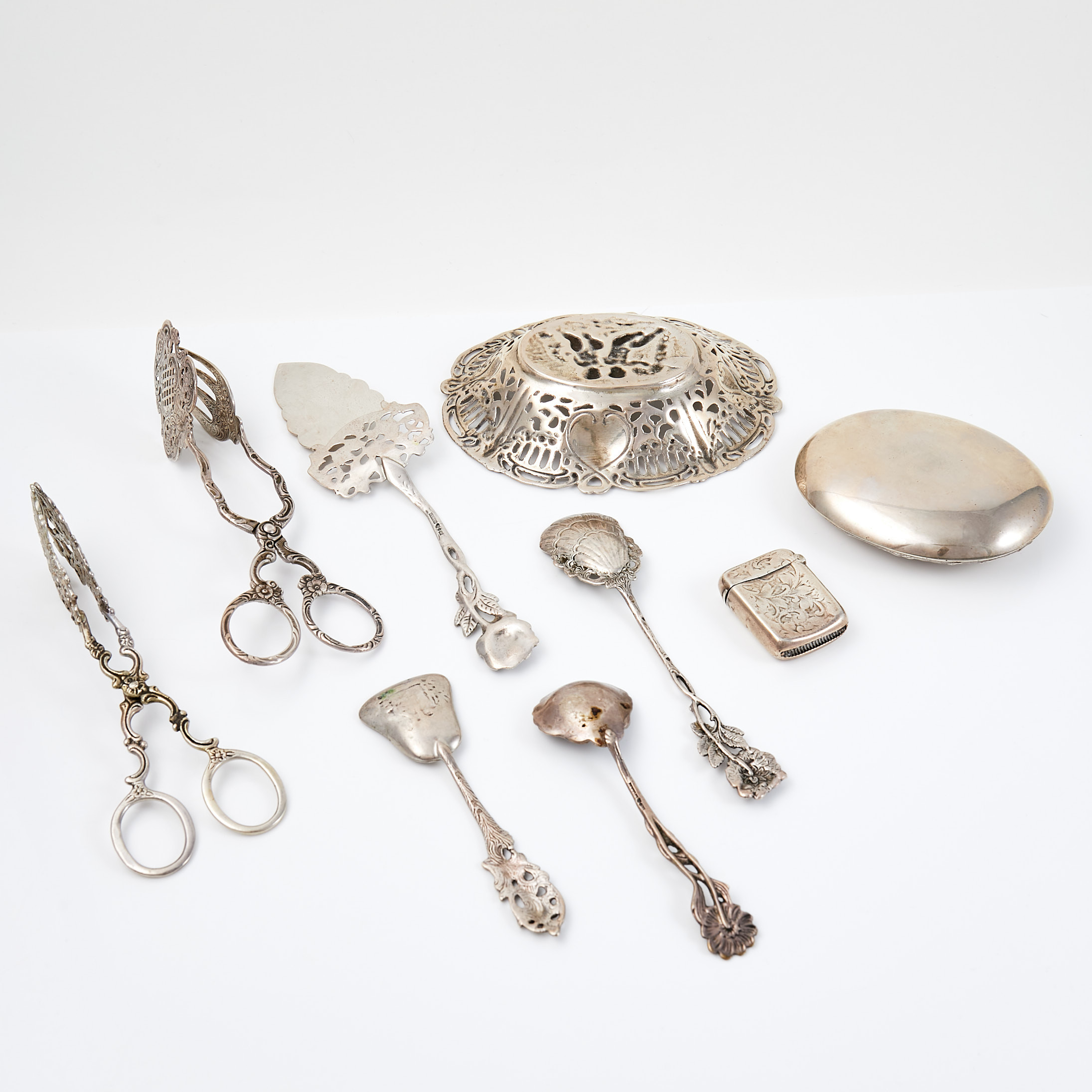 SPOONS, SERVING CUTLERY, SAUCERS, BOXES, 9 dlr, silver, punched and ...
