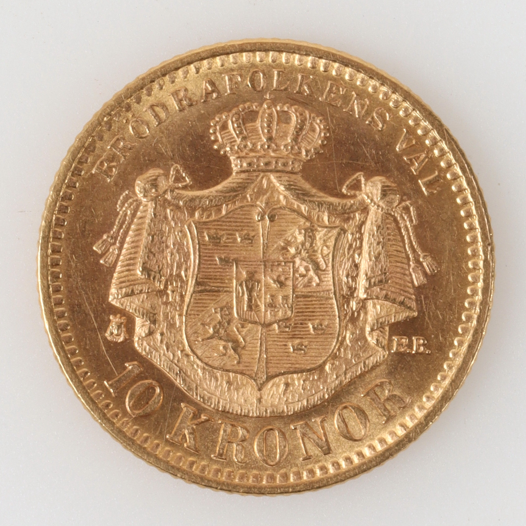 A 10 SEK gold coin, Oscar II (1872—1907), King of Sweden and Norway. in ...