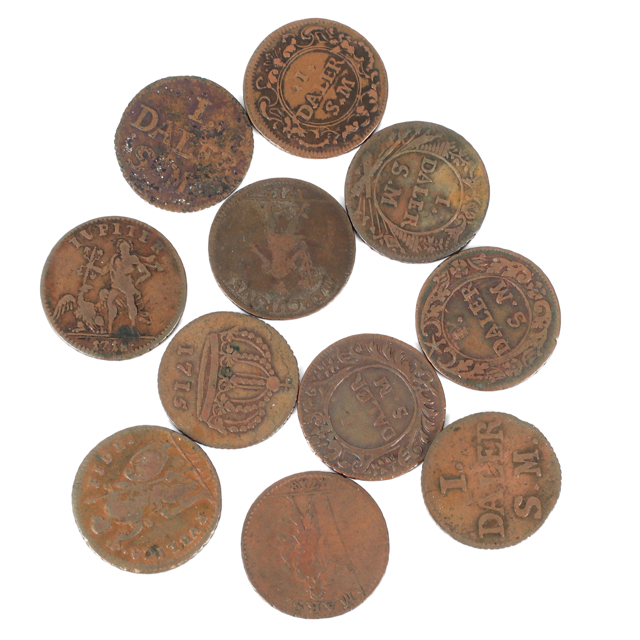 A set of 11 Swedish copper coins, 1 Daler SM (emergency coin), 18th ...
