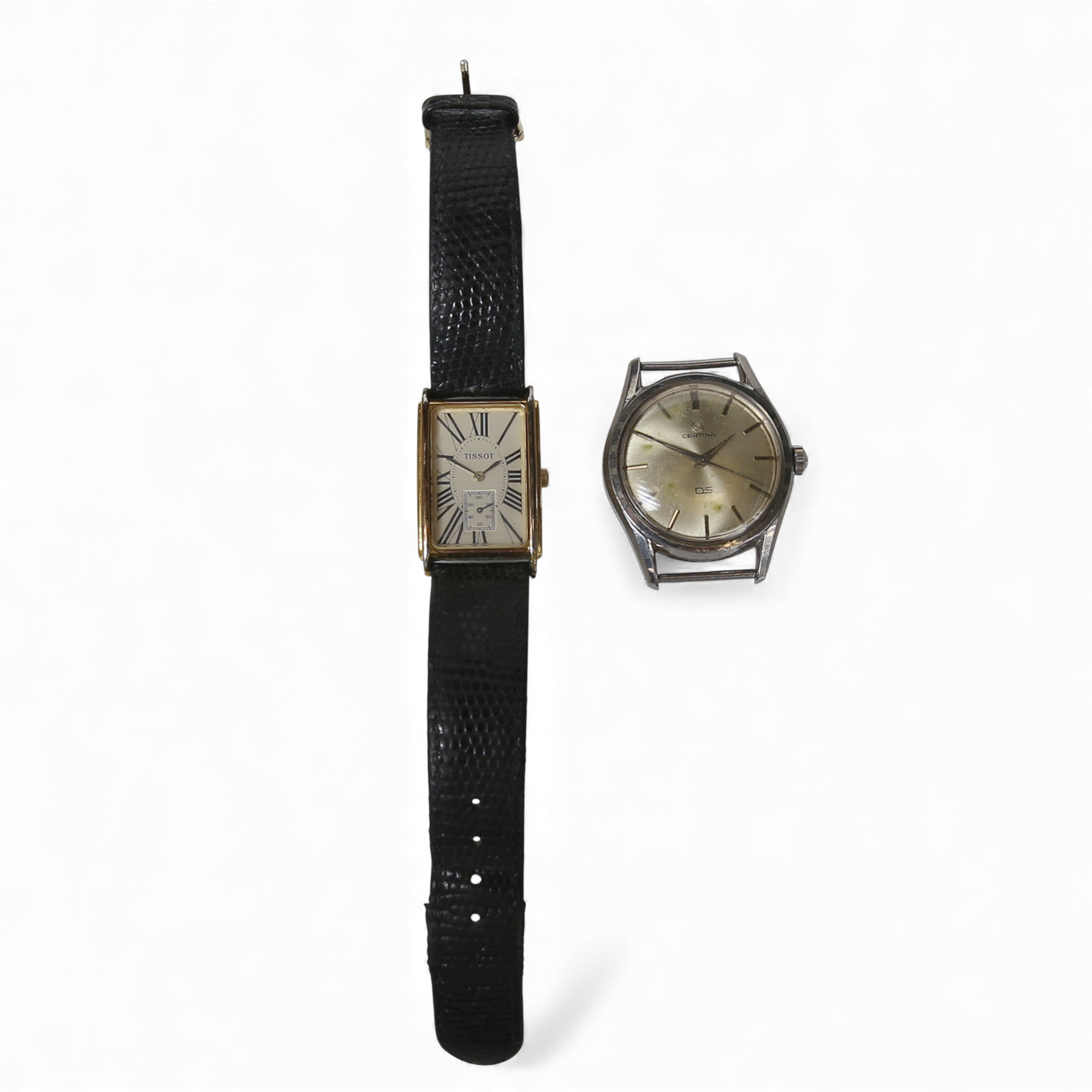 TISSOT, double wristwatch, rectangular shape, quartz. CERTINA DS, steel ...