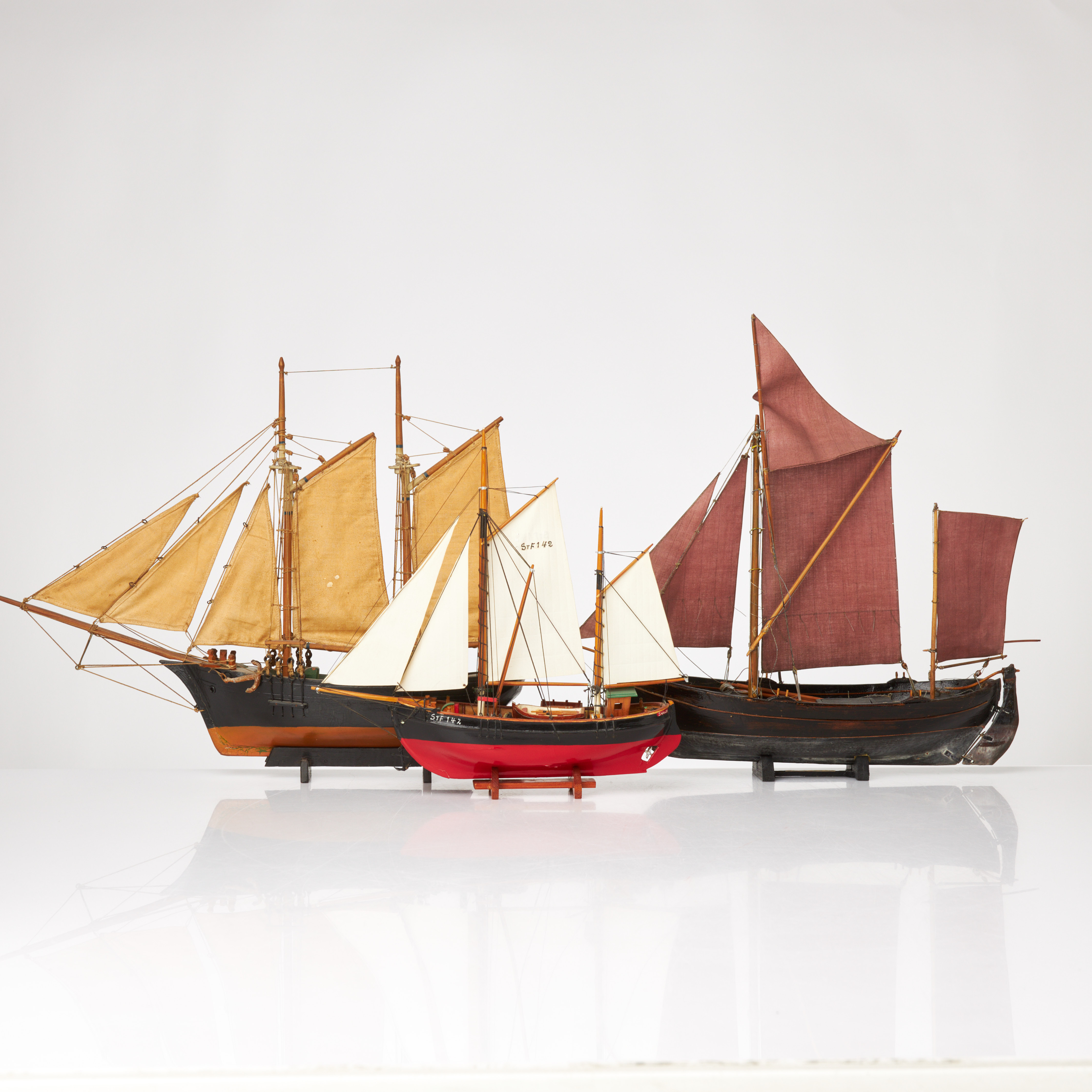 Images for 4793240. BOAT MODELS, 3 pcs, two-masted, painted wood, cloth ...