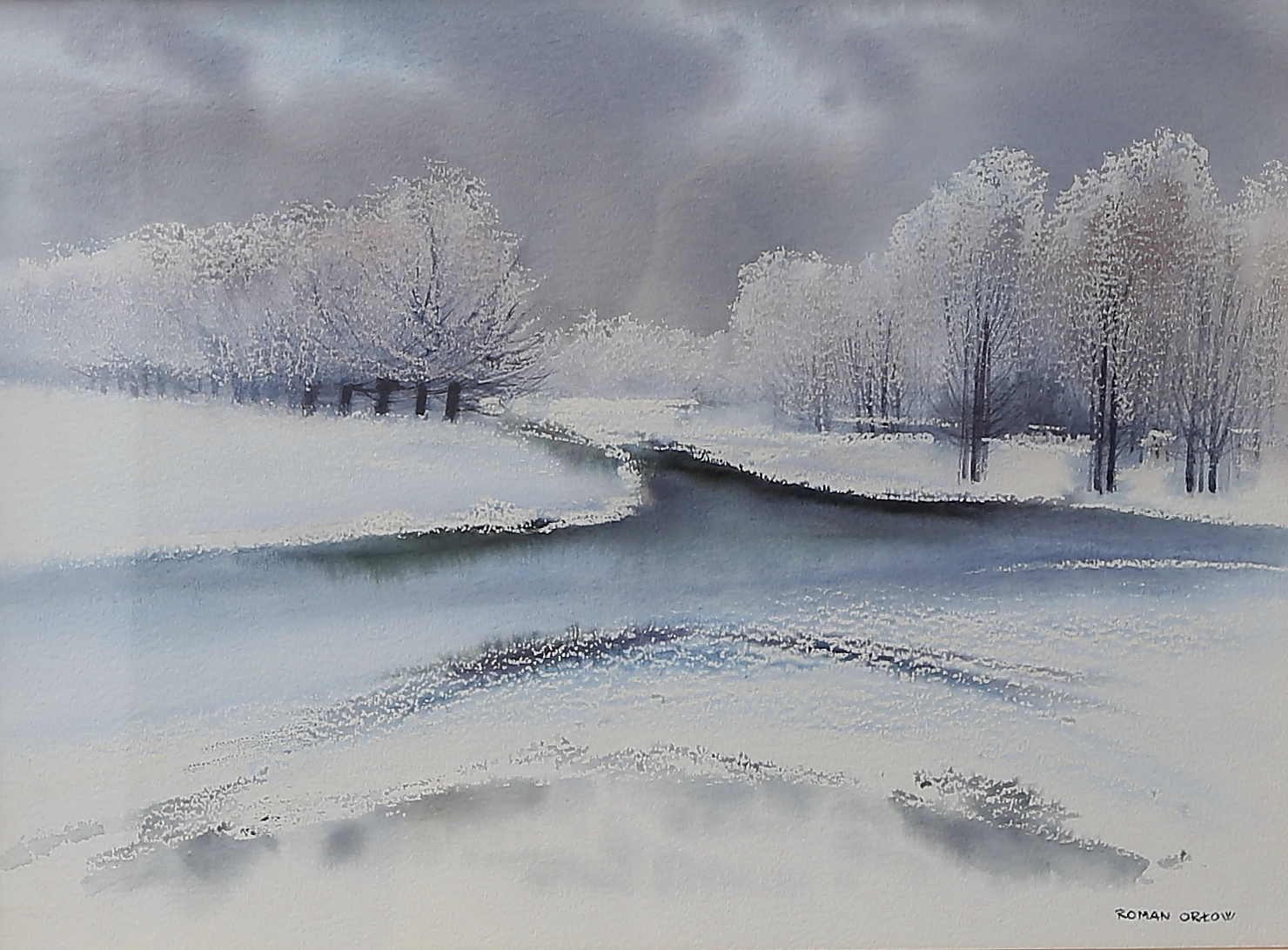 ROMAN ORLOW (1924-2017). Watercolor, winter landscape, Poland, signed ...